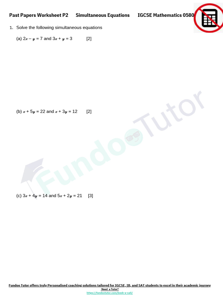 IGCSE Math 0580 Algebra Simultaneous Equations Past Paper Worksheet P2 ...