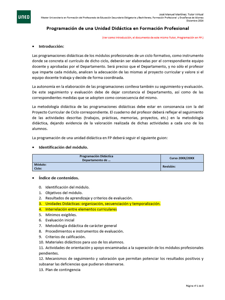 Programación de Una Unidad Didáctica en FP - 2024 - Guión | PDF | Evaluación | Plan de estudios