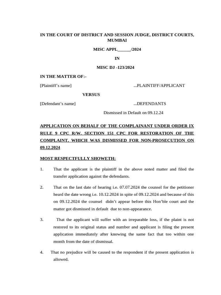 Restoration Application for Dismissed Suit | PDF | Affidavit | Justice