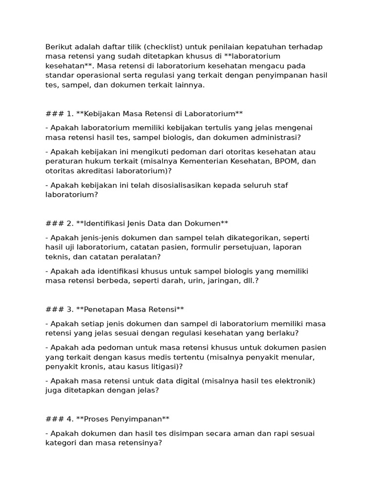Contoh Daftar Tilik Kepatuhan Waktu Retensi | PDF