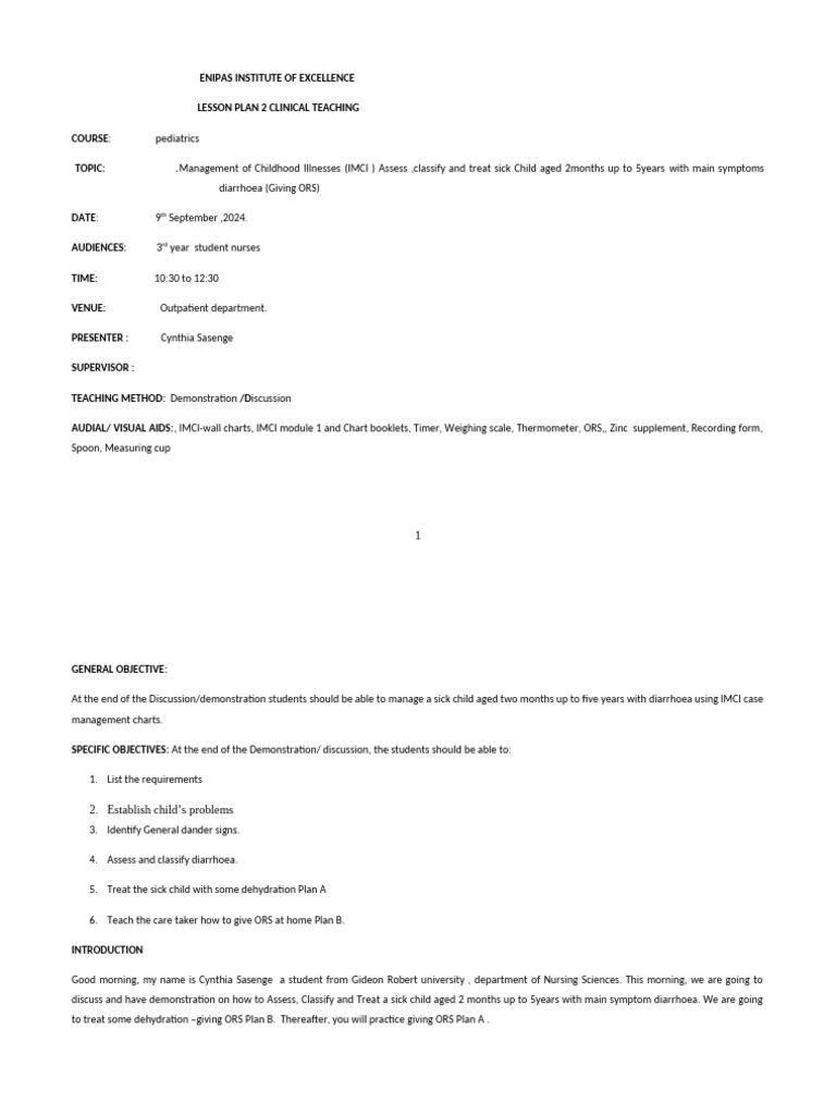 Pediatrics lesson plan 2 | PDF | Diarrhea | Lesson Plan
