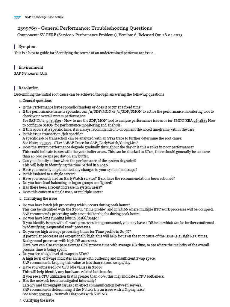 SAP Performance Troubleshooting Guide | PDF | Troubleshooting | Central ...
