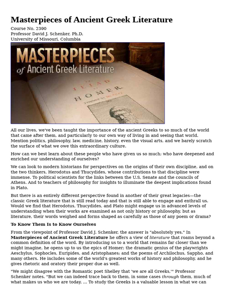 TTC Masterpieces of Ancient Greek Literature | PDF | Sophocles | Oresteia