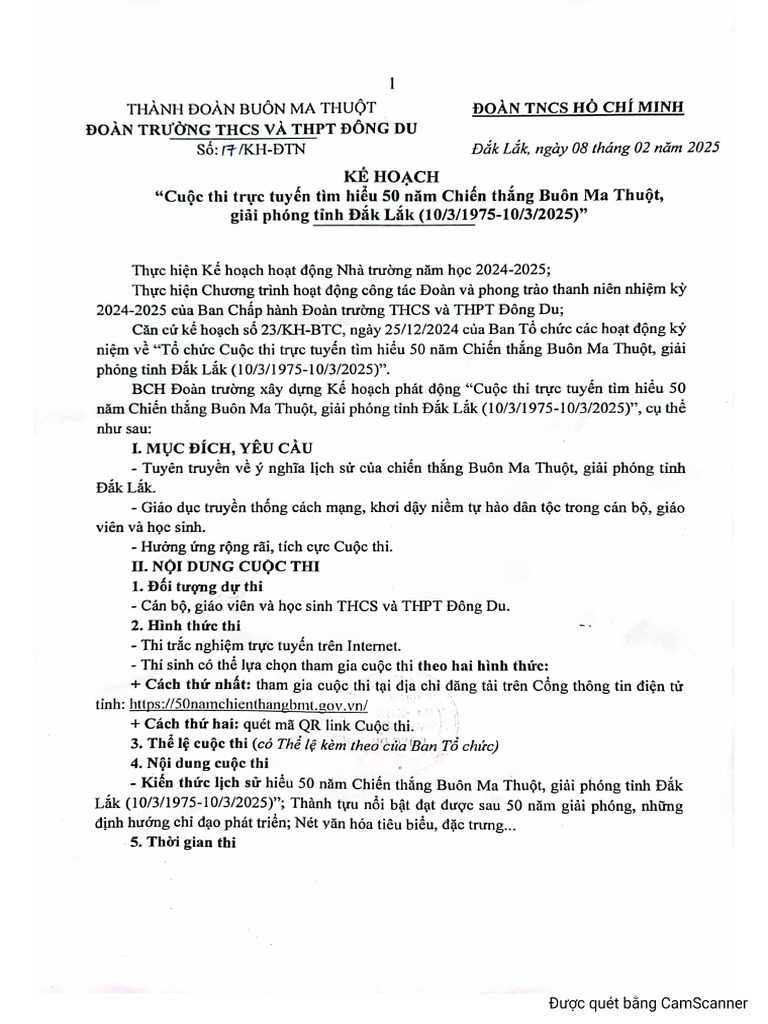 Ke Hoach Cuoc Thi Tim Hieu 50 Nam BMT | PDF