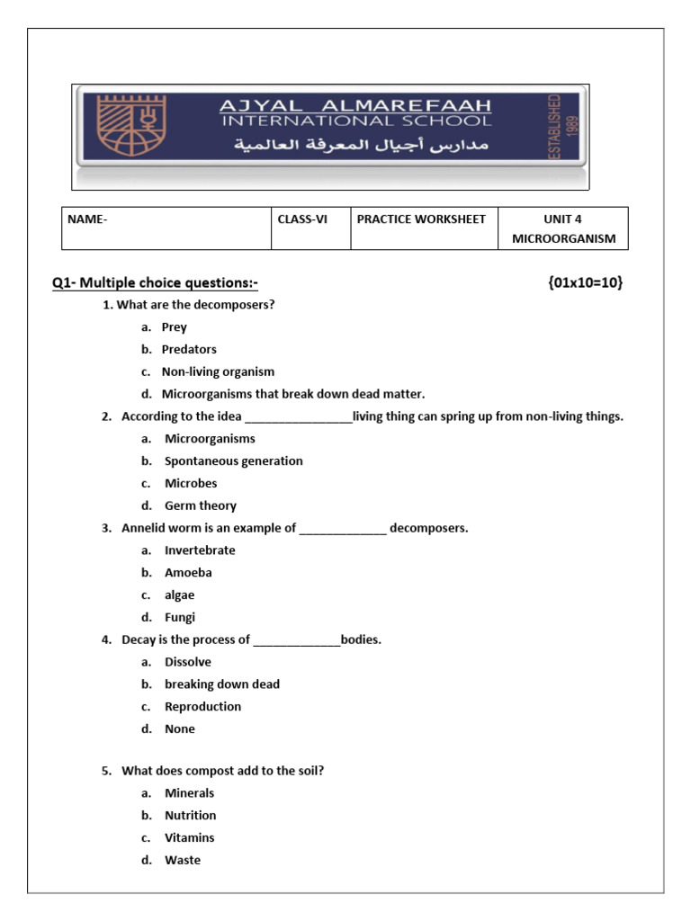 Practice Test Unit 4 Microorganisms Grade 6 | PDF | Microorganism ...