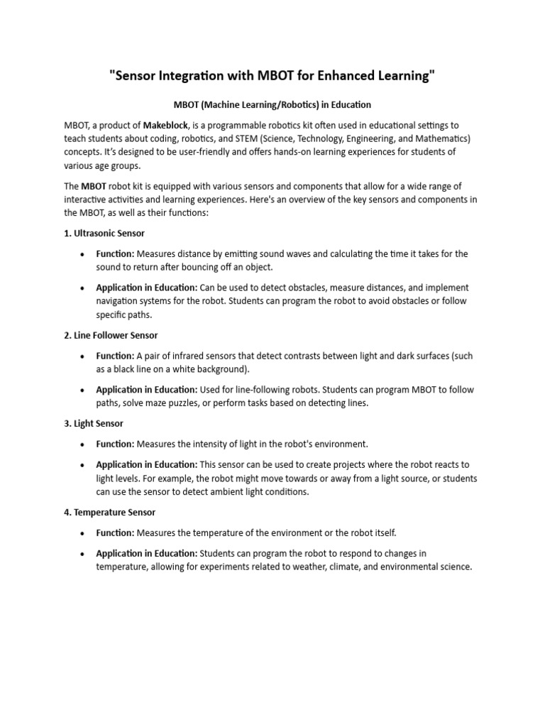Q4 L1 Sensor Integration With MBOT For Enhanced Learning | PDF | Robotics | Servomechanism