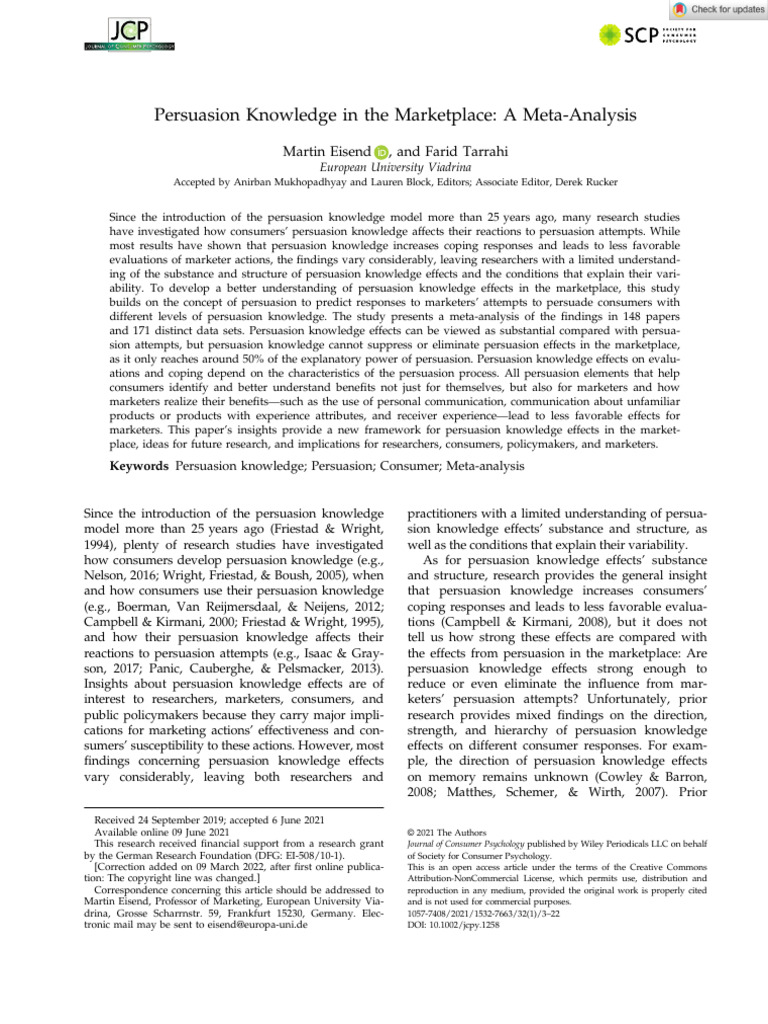 J Consum Psychol - 2021 - Eisend - Persuasion Knowledge in The Marketplace A Meta Analysis | PDF ...