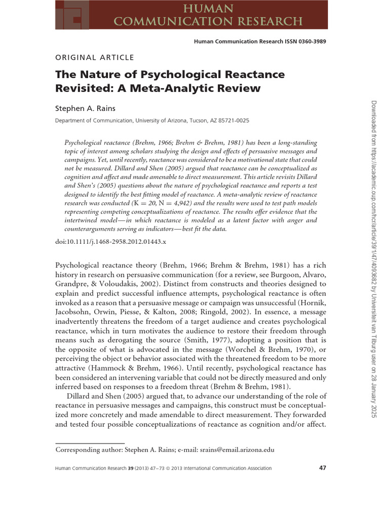 Meta-Analysis of Psychological Reactance | PDF | Attitude (Psychology ...