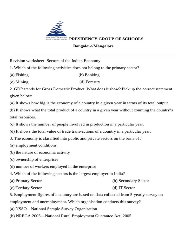 Indian Economy Sectors Worksheet | PDF | Economy Of India | Employment