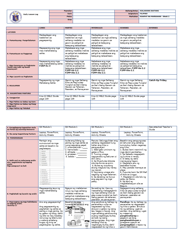 Q4-WEEK2-DLL-FILIPINO G2 (1) | PDF