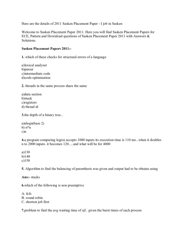 2011 Sasken Placement Paper | PDF | Parsing | Integer (Computer Science)