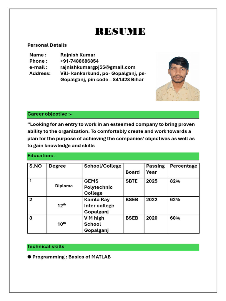 Rajnish Kumar's Engineering Resume | PDF