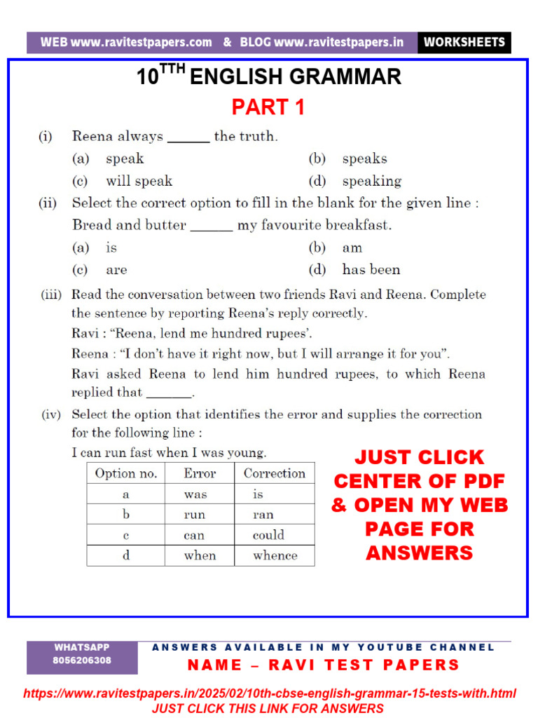 10th Grade English Grammar Worksheets | PDF