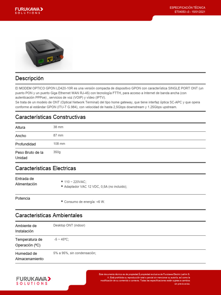 Datasheet Furukawa ONT | PDF | Telecomunicaciones | Protocolos de comunicaciones