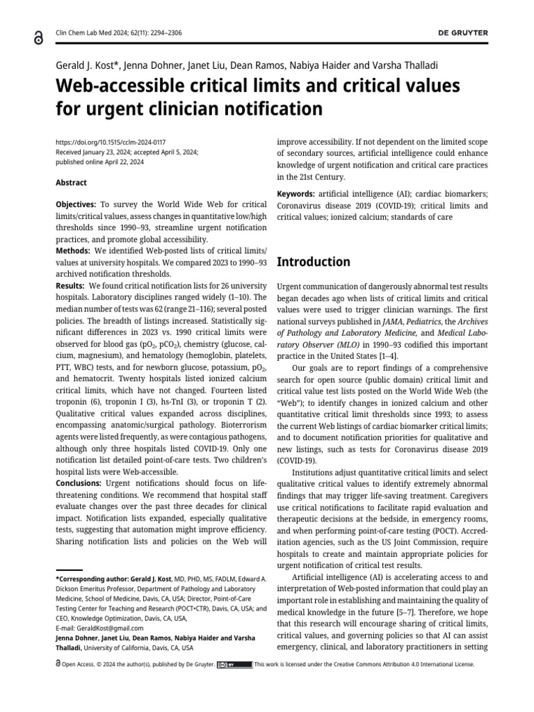 Web-Accessible Critical Limits and Critical Values For Urgent Clinician ...