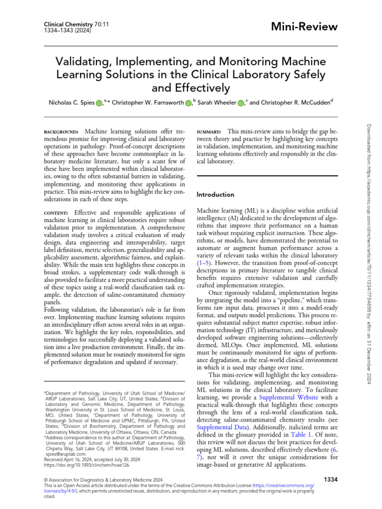 Validating, Implementing, and Monitoring Machine Learning Solutions in the Clinical Laboratory ...