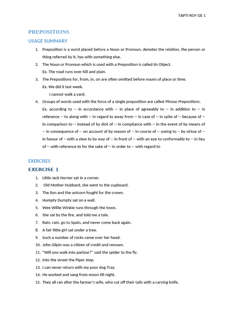 PREPOSITIONS | PDF | Noun | Syntax