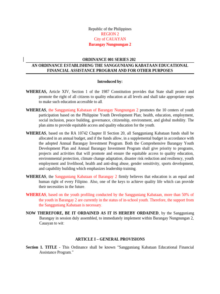 Educational Financial Assistance Ordinance Template1 | PDF | Government ...