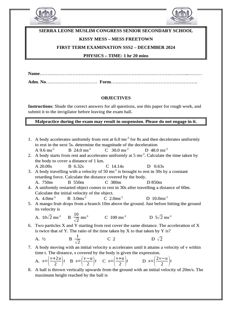 sss2 first term 2025 physics exams | PDF | Acceleration | Velocity
