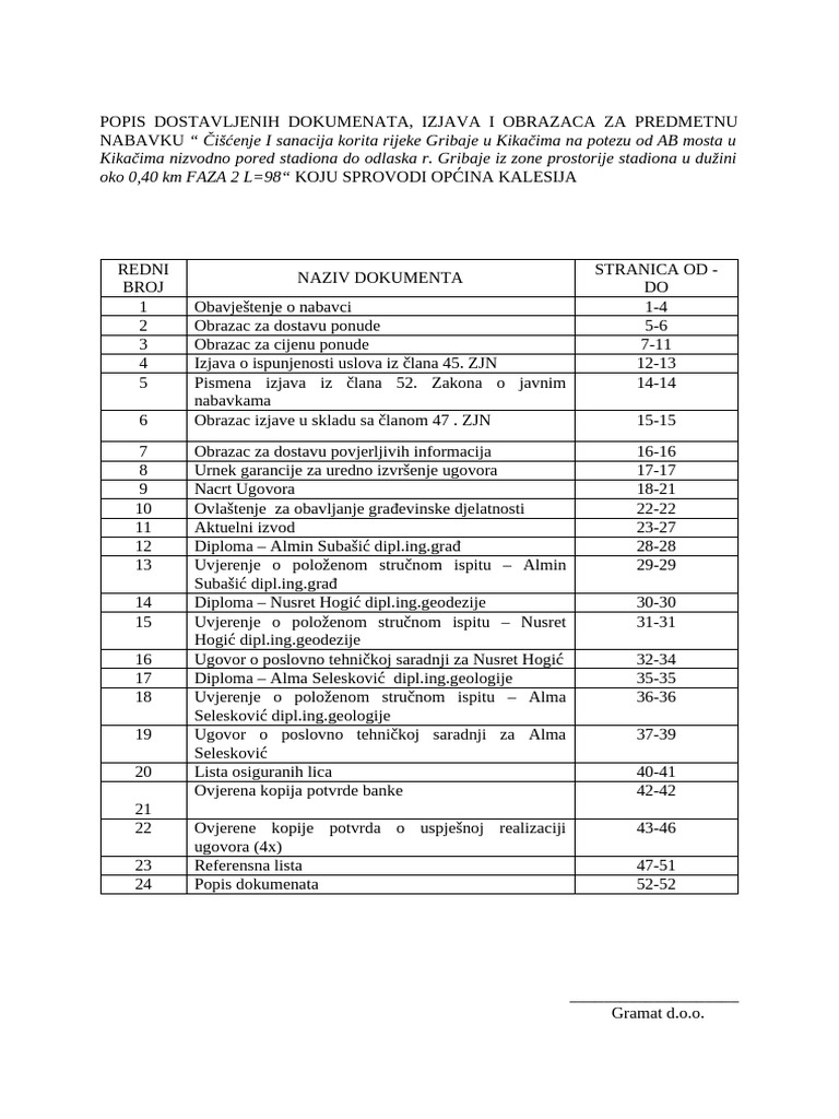 POPIS DOKUMENATA UZ PONUDU Gribaja Kalesija | PDF