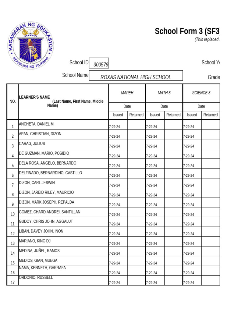 SPJ 8 SY 2024 2025 School Form 3 SF3 Books Issued and Returned | PDF