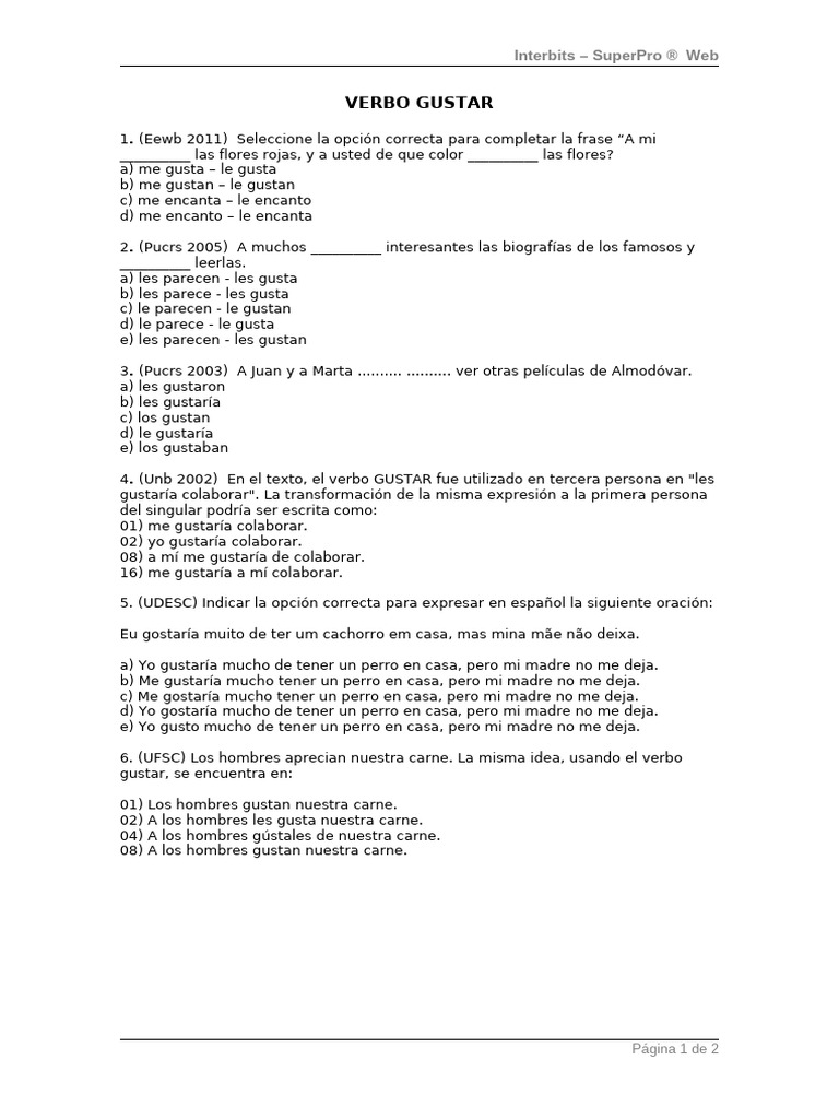Ejercicios Verbo Gustar | PDF | Lingüística