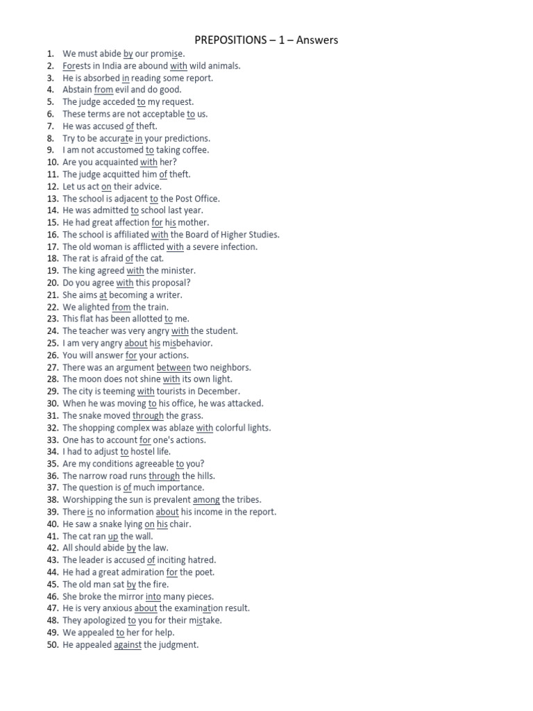 PREPOSITIONS 1 To 13 Answers | PDF