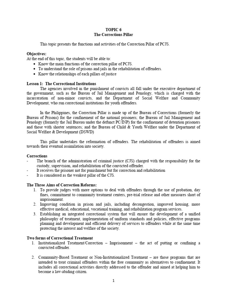Topic 6 The Correction Pillar | PDF | Prison | Rehabilitation (Penology)