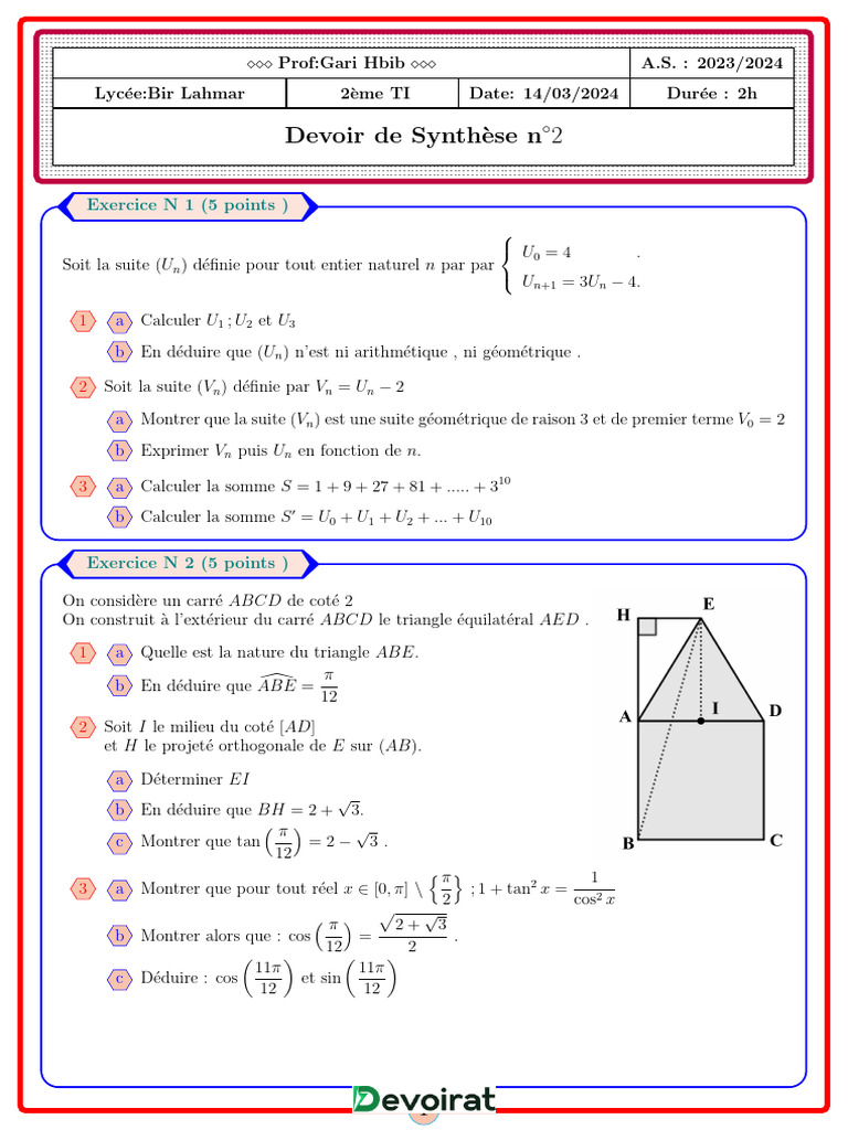 Devoir de Synthèse N°2 - Math - 2ème Sciences (2023-2024) MR Douma Ali | PDF | Mathématiques ...