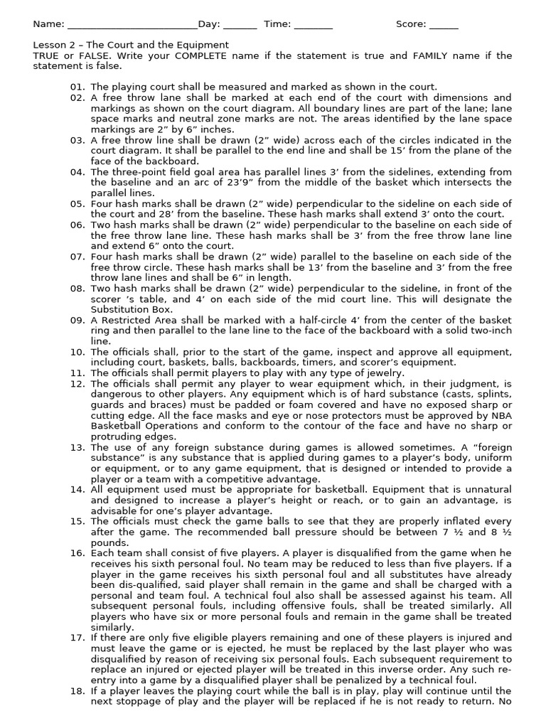Basketball Lesson 2 Quiz | PDF | Sports | Team Sports