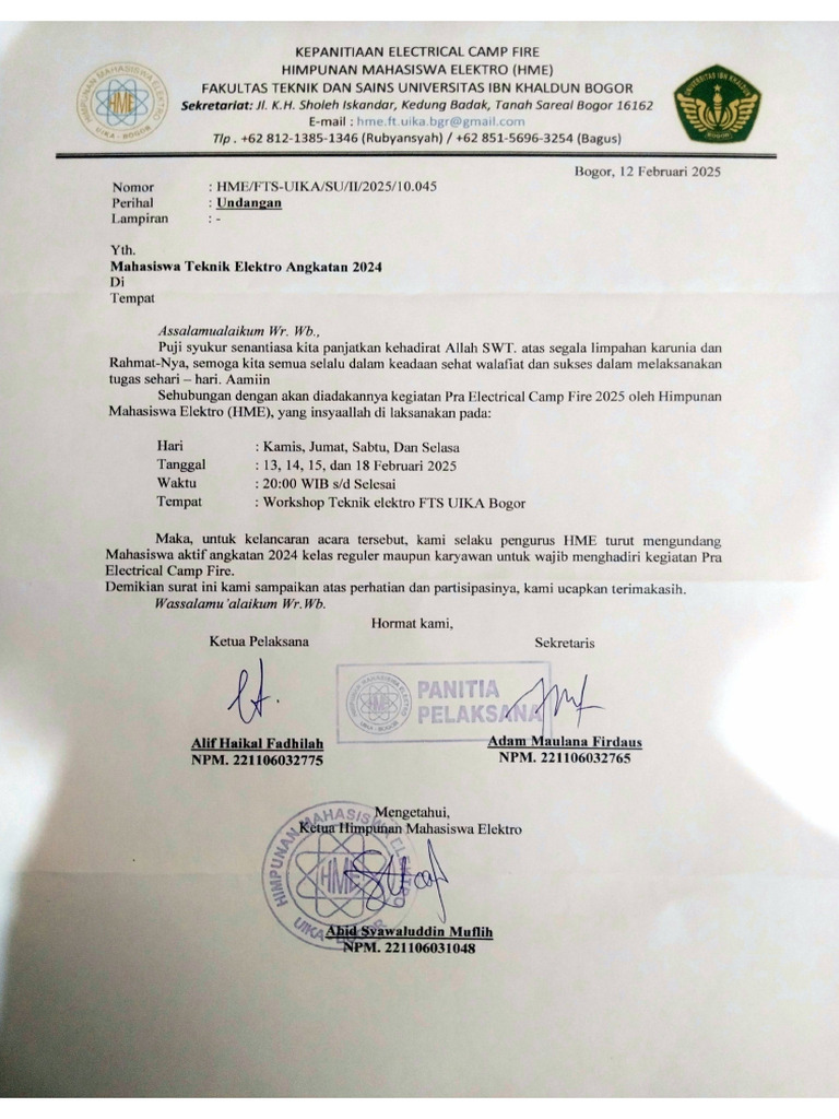 Surat Undangan Pra Ecf, Kepada Yth Mahasiswa Teknik Elektro Angkatan 2024 | PDF