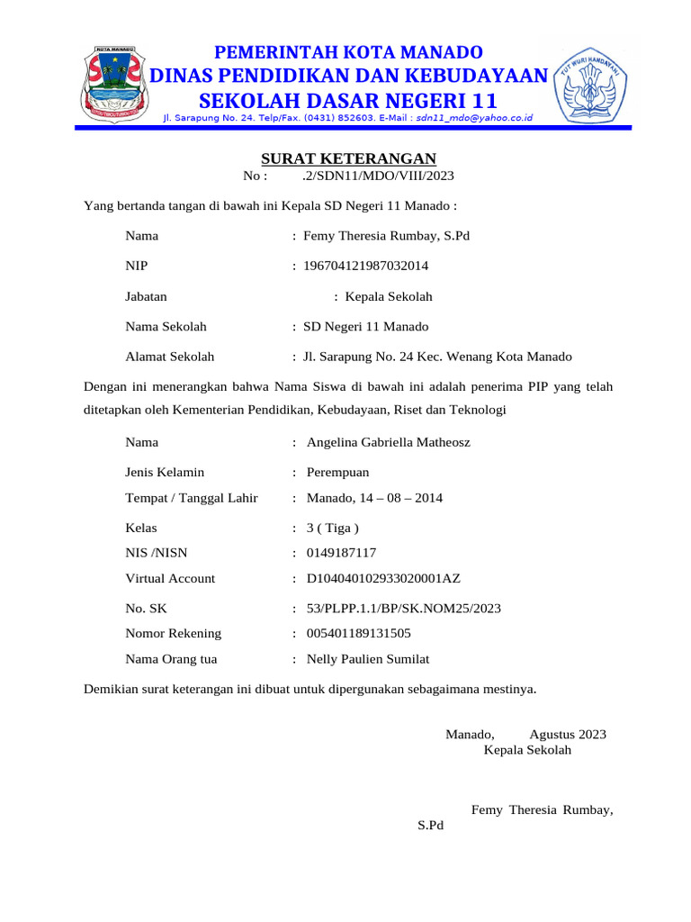 Surat Keterangan PIP Siswa SDN 11 Manado | PDF