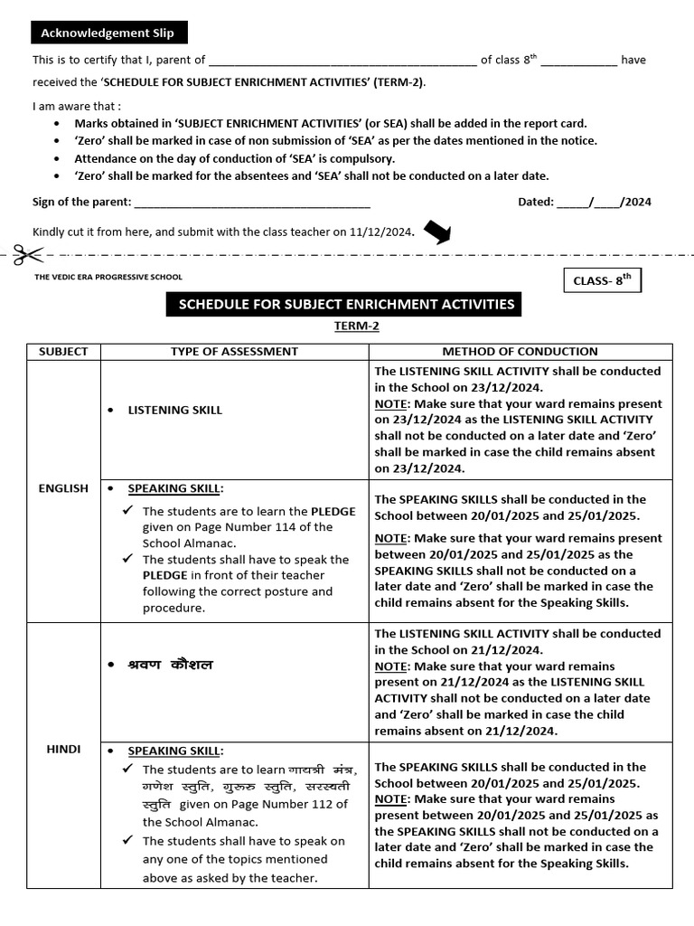 Class 8th Subject Enrichment Activity 2024-25 Term-2 | PDF