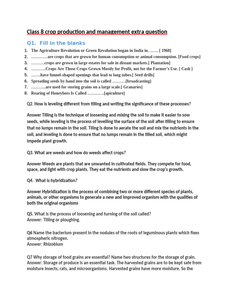 Class 8 Crop Production Extra Questions | PDF | Fertilizer | Agriculture