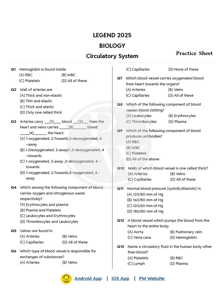 Circulatory System - Practice Sheet (Only PDF) Legend 2025 | PDF ...