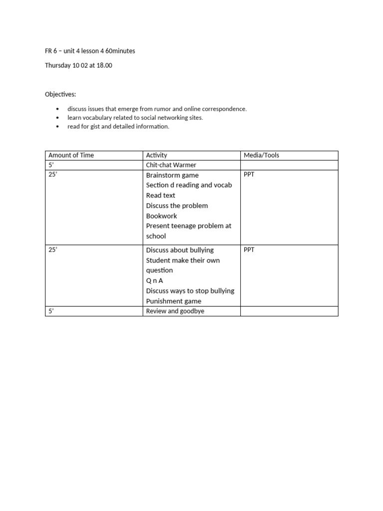 Social Media and Bullying Lesson Plan | PDF