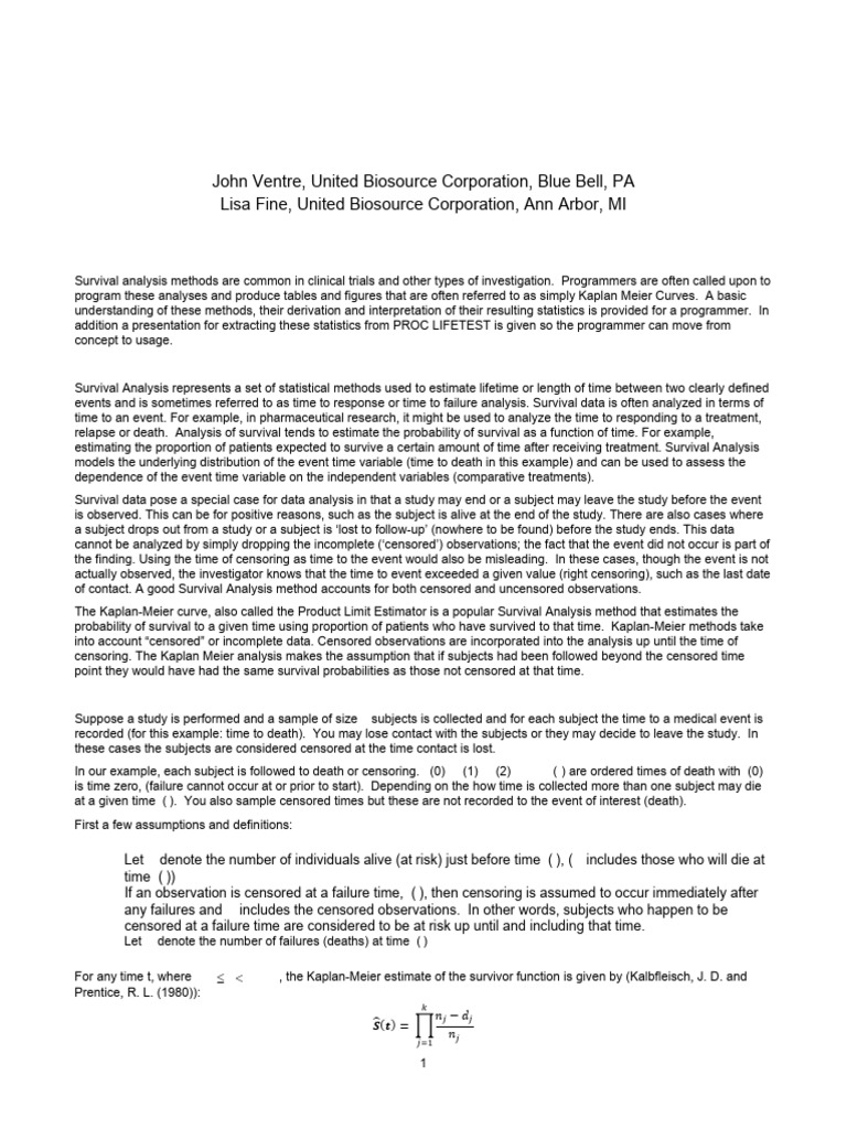A Programmer's Introduction To Survival Analysis Using Kaplan Meier Methods | PDF | Statistical ...