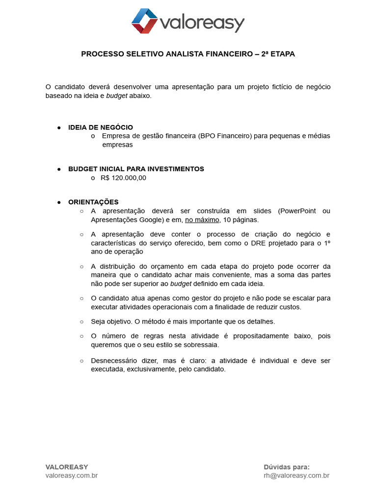 Desafio Analista Financeiro Jr. | PDF