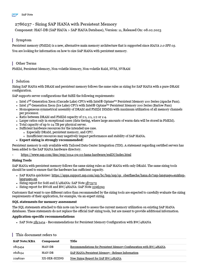 2786237 - Sizing SAP HANA with Persistent Memory | PDF | Computer Memory | Central Processing Unit