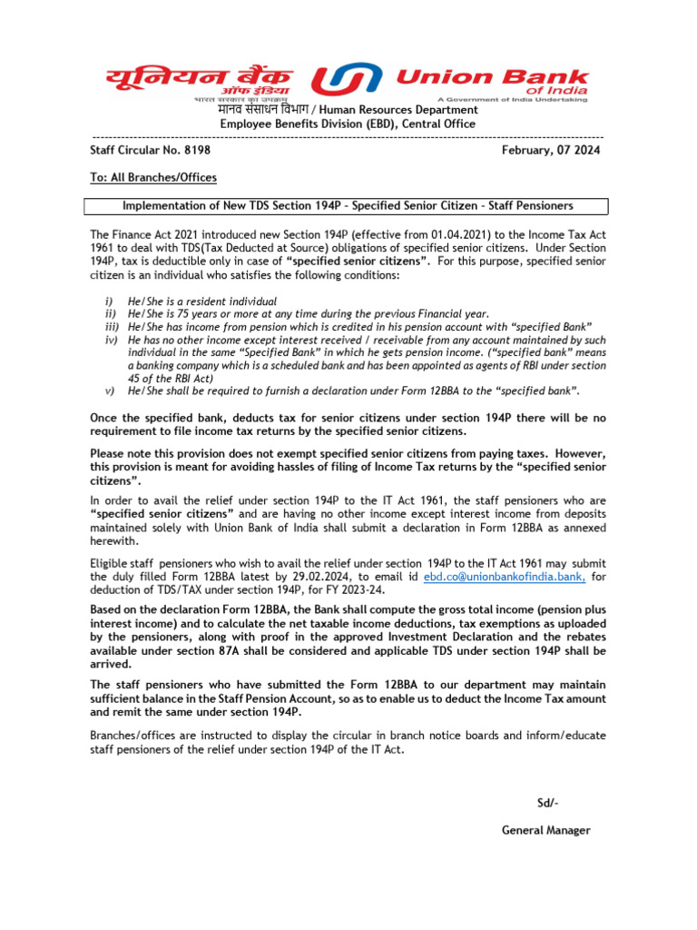 SC 08198 Implementation of New TDS Section 194P | PDF | Taxes | Pension