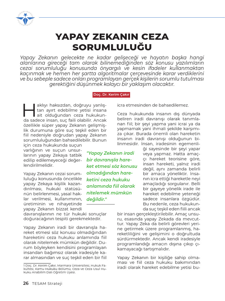 Yapay Zekanın Ceza Sorumluluğu | PDF