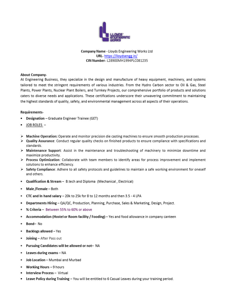 Job Description of Llyods Engineering Works | PDF | Business