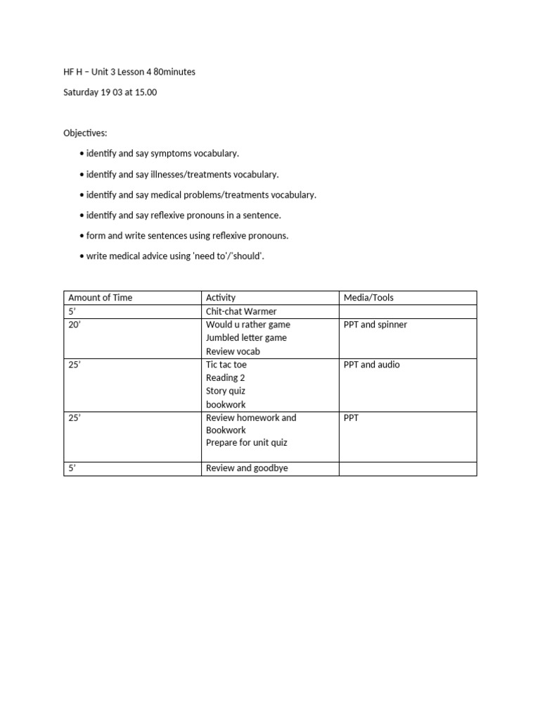 Lesson Plan HF H Unit 3 Lesson 4 Saturday 19 03 2022 | PDF