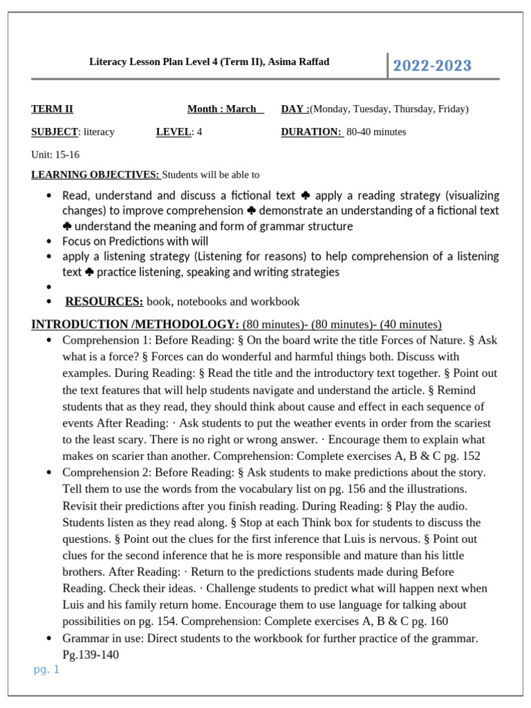 planner of literacy March grade 4 with reflection.docx oct | PDF ...