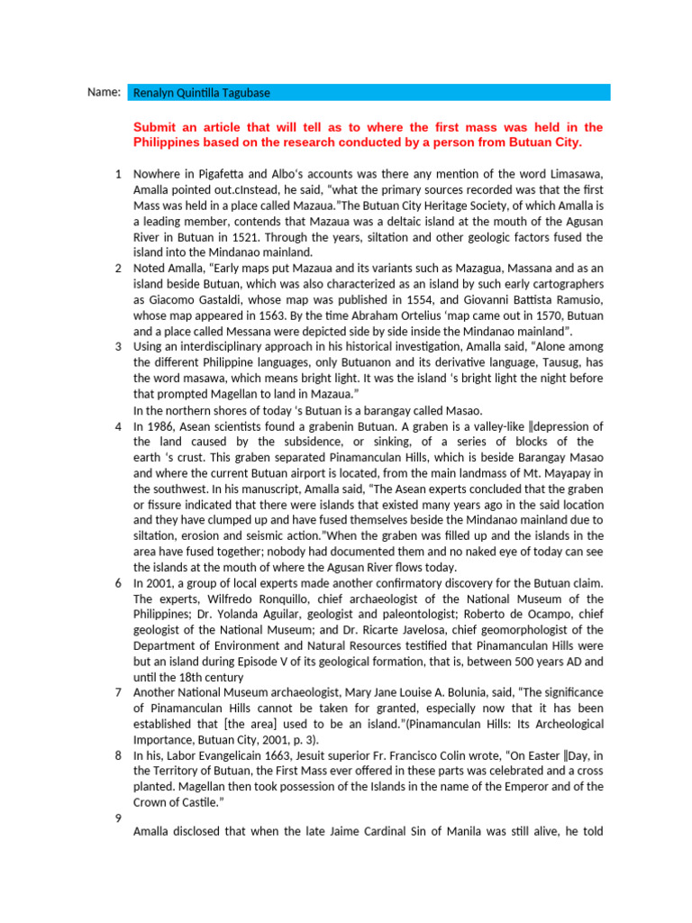Butuan's Claim to the First Mass in the Philippines | PDF