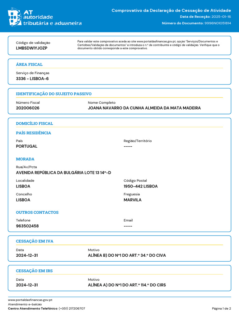 Comprovativo de Cessação de Atividade | PDF | Imposto sobre Valor ...