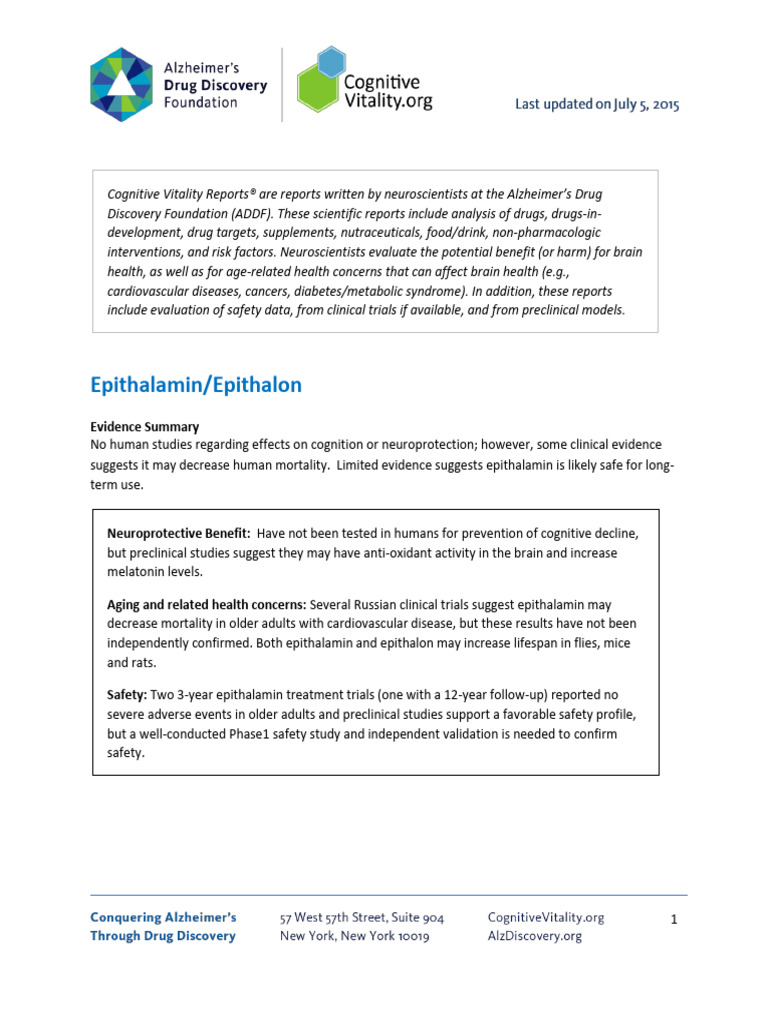 Epithalamin and Epithalon Cognitive Vitality For Researchers | PDF ...