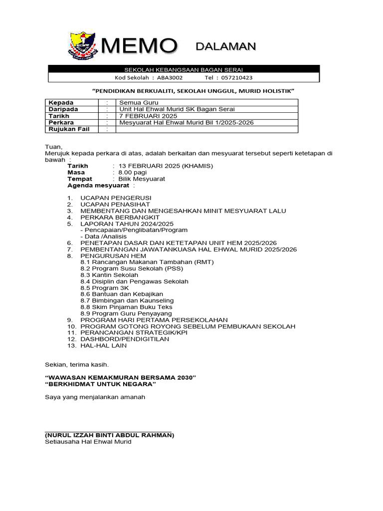 Memo Mesyuarat HEM BIL 1 2025 | PDF