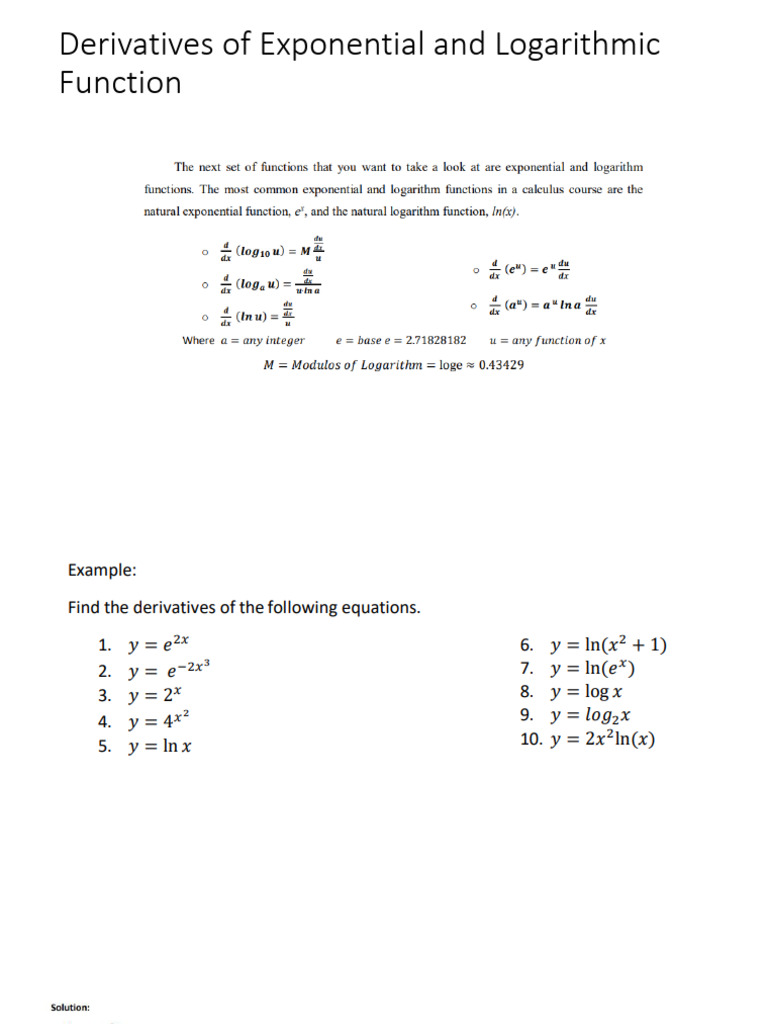 Derivatives of Exponential and Logarithmic Function | PDF