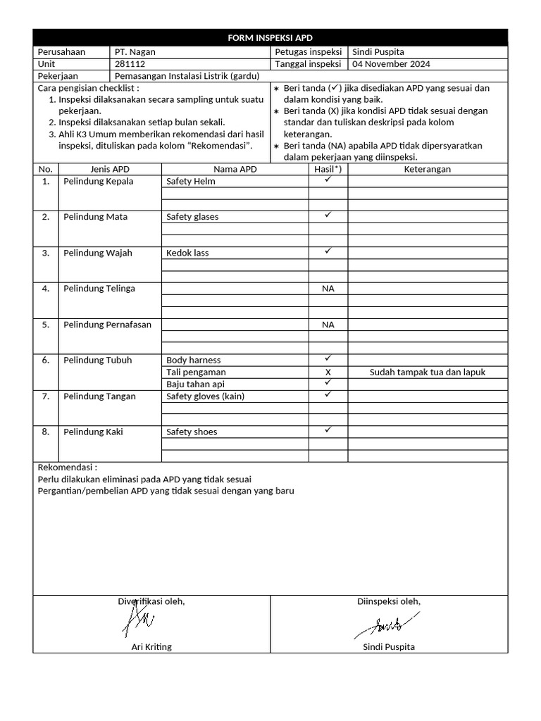 Form Inspeksi APD | PDF